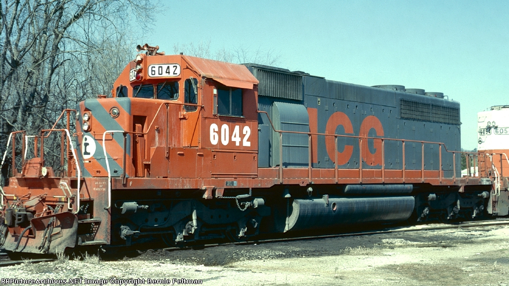 Illinois Central Gulf SD40-2 #6042, on the Ready Track for assignment to a Chicago bound "BC" train,